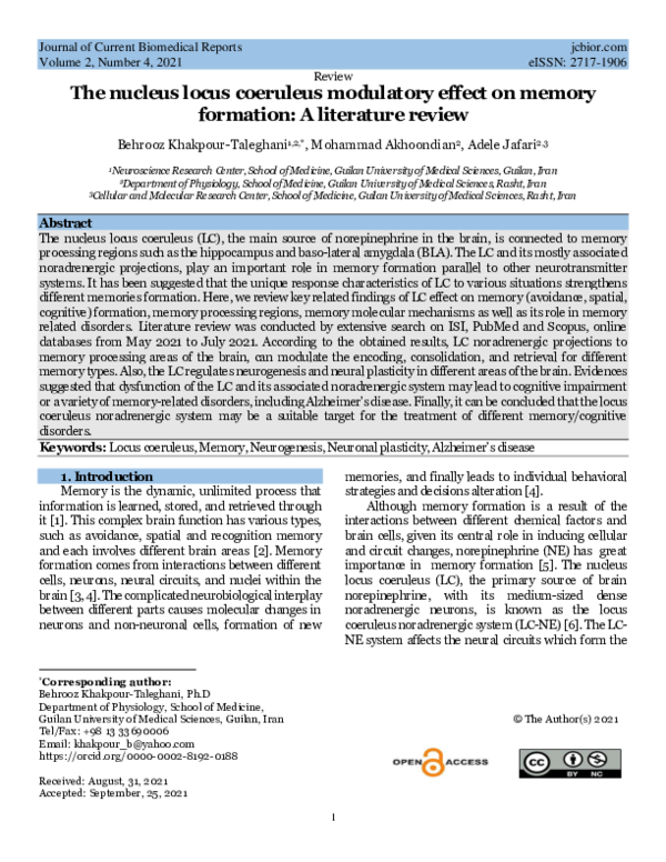 (PDF) The nucleus locus coeruleus modulatory effect on memory formation: A literature review