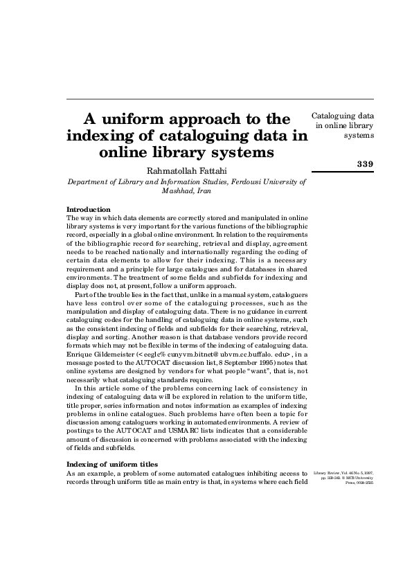 (PDF) A uniform approach to the indexing of cataloguing data in online ...