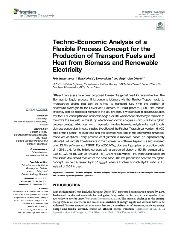 (PDF) Techno-Economic Analysis of a Flexible Process Concept for the Production of Transport ...