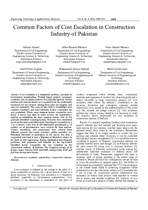 (PDF) Common Factors of Cost Escalation in Construction Industry of ...
