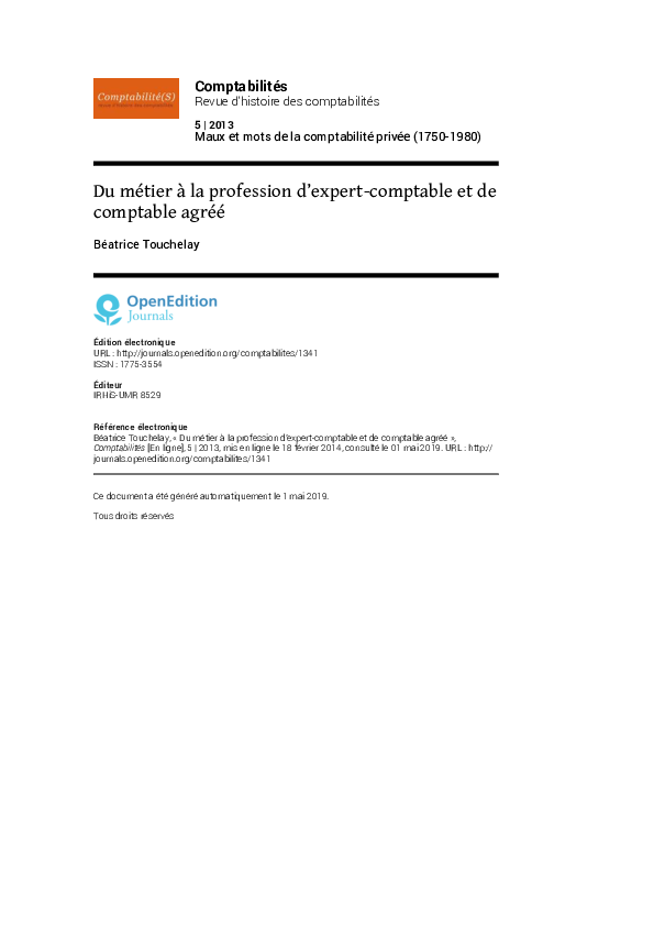 (PDF) Du métier à la profession d’expert-comptable et de comptable agréé