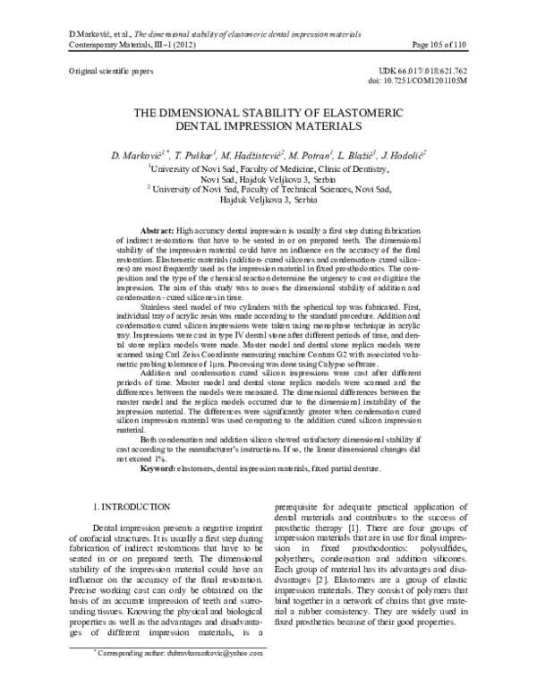 (PDF) The Dimensional Stability of Elastomeric Dental Impression Materials