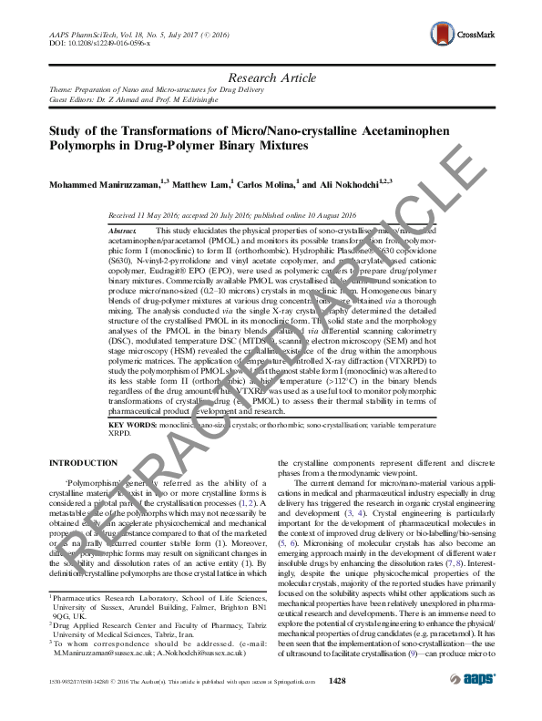 (PDF) Study of the Transformations of Micro/Nano-crystalline Acetaminophen Polymorphs in Drug ...