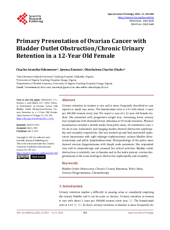 (PDF) Primary Presentation of Ovarian Cancer with Bladder Outlet ...