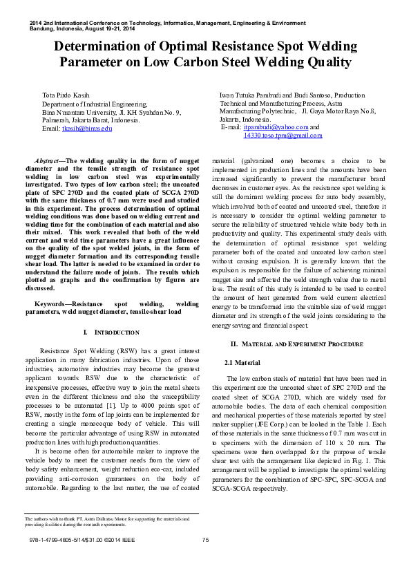 (PDF) Determination of optimal resistance spot welding parameter on low ...