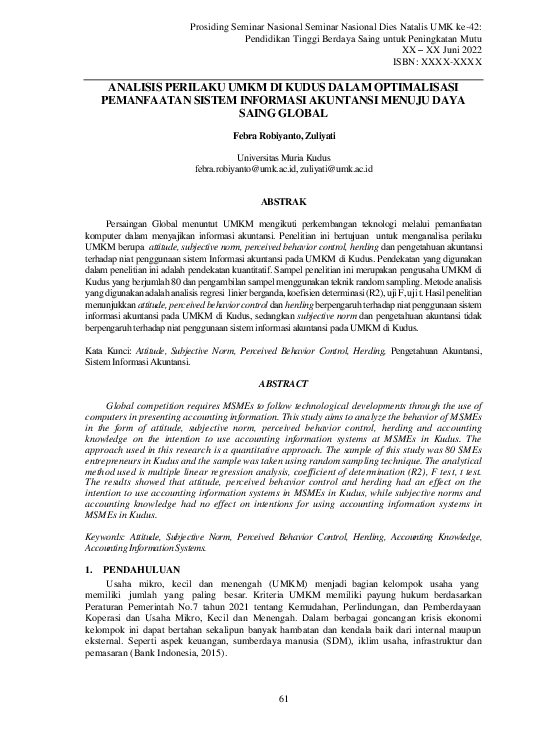 (PDF) ANALISIS PERILAKU UMKM DI KUDUS DALAM OPTIMALISASI PEMANFAATAN SISTEM INFORMASI AKUNTANSI ...