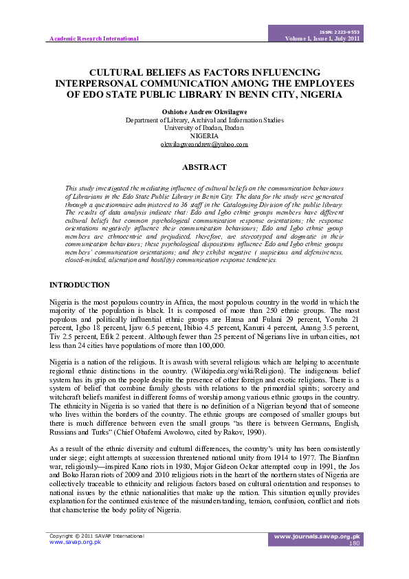 (PDF) Cultural Beliefs as Factors Influencing Interpersonal Communication Among the Employees of ...