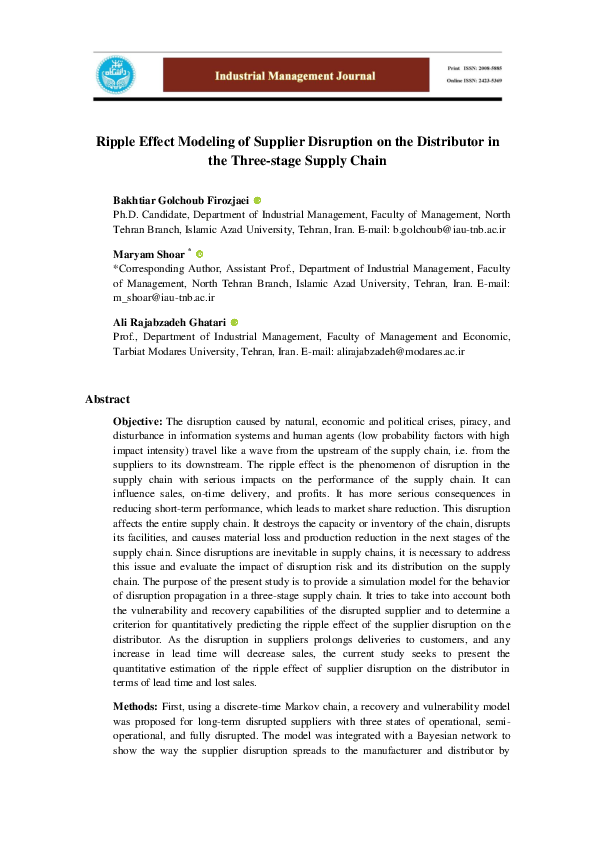 Ripple Effect Modeling of Supplier Disruption on the Distributor in the ...