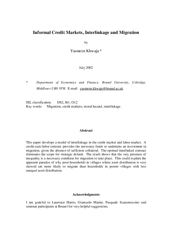 (PDF) Informal credit markets, interlinkage and migration