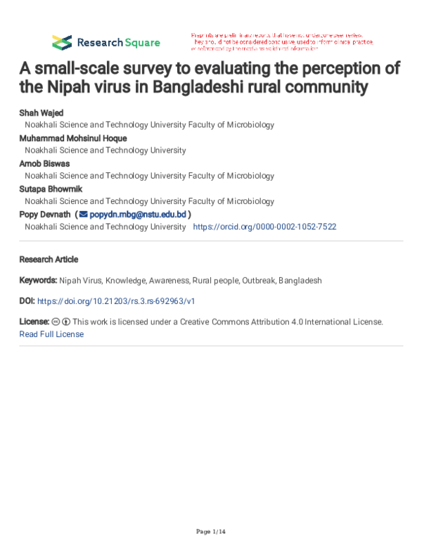 (PDF) A small-scale survey to evaluating the perception of the Nipah ...