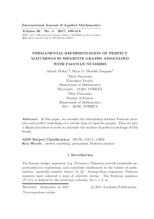 Pdf Permanental Representation Of Perfect Matchings In Bipartite Graphs Associated With
