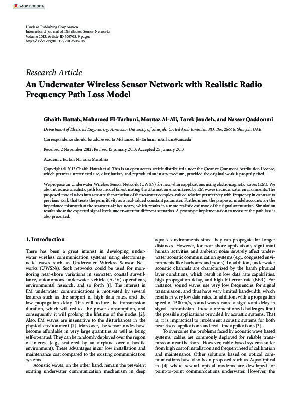 Pdf An Underwater Wireless Sensor Network With Realistic Radio