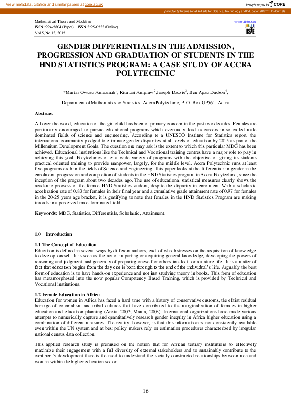 (PDF) Gender Differentials in the Admission, Progression and Graduation of Students in the HND ...