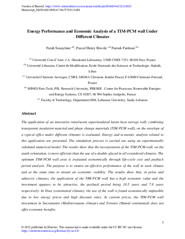 (PDF) Energy performance and economic analysis of a TIM-PCM wall under ...