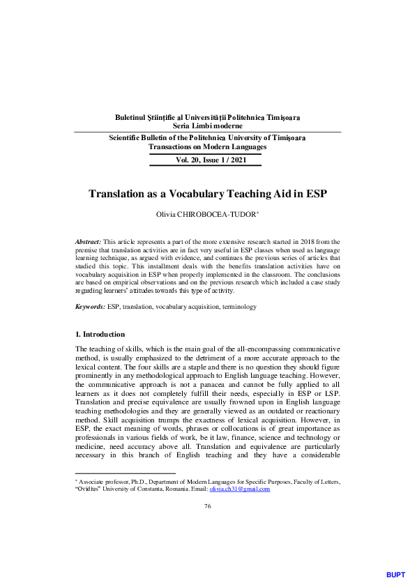 (PDF) Translation as a Vocabulary Teaching Aid in ESP