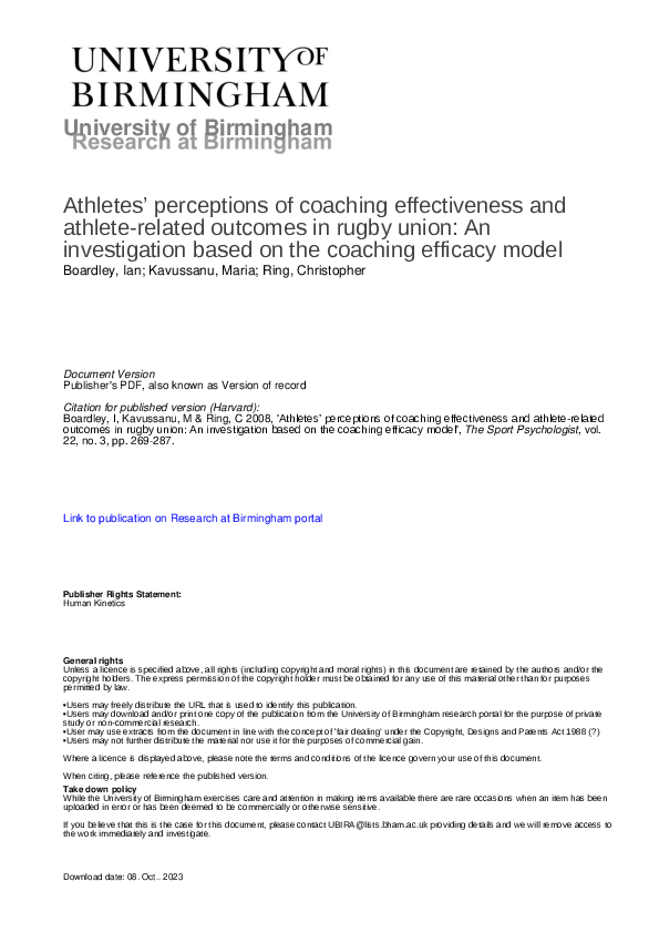 (PDF) Coaching Effectiveness and Athlete Outcomes in Rugby