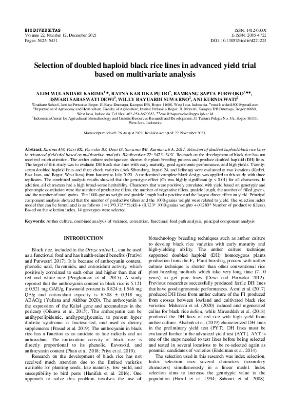 (PDF) Selection of doubled haploid black rice lines in advanced yield trial based on ...