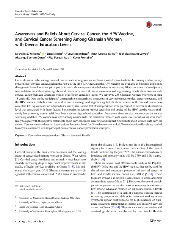 Pdf Awareness And Beliefs About Cervical Cancer The Hpv Vaccine And