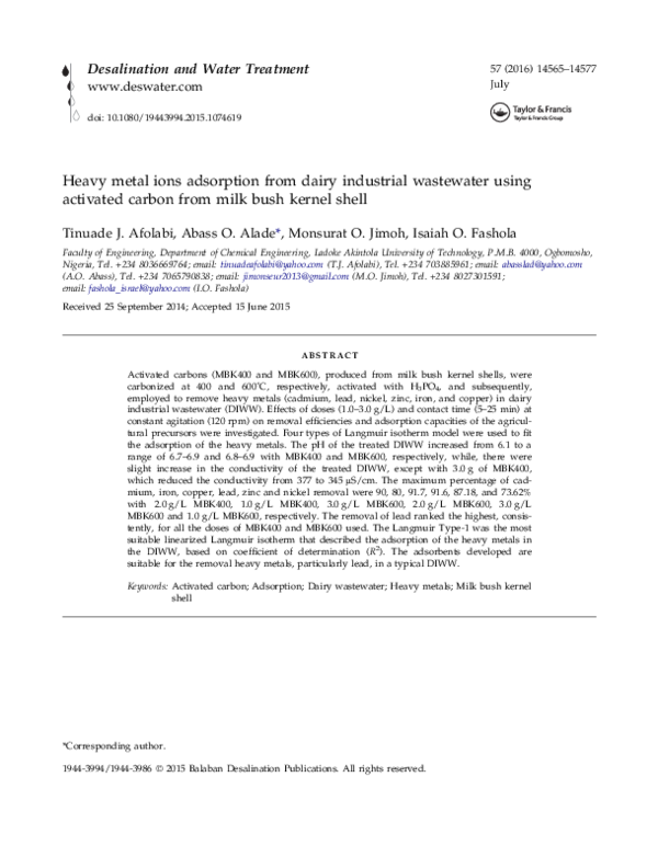 (PDF) Heavy metal ions adsorption from dairy industrial wastewater using activated carbon from ...