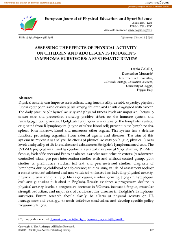 (PDF) Assessing the Effects of Physical Activity on Children and Adolescents Hodgkin’s Lymphoma ...