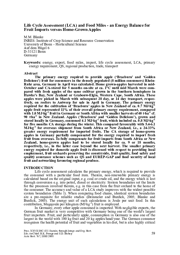 (PDF) Life Cycle Assessment (Lca) and Food Miles - an Energy Balance ...