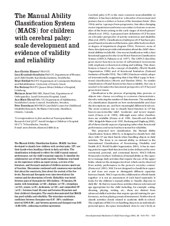 (PDF) The Manual Ability Classification System (MACS) for children with ...