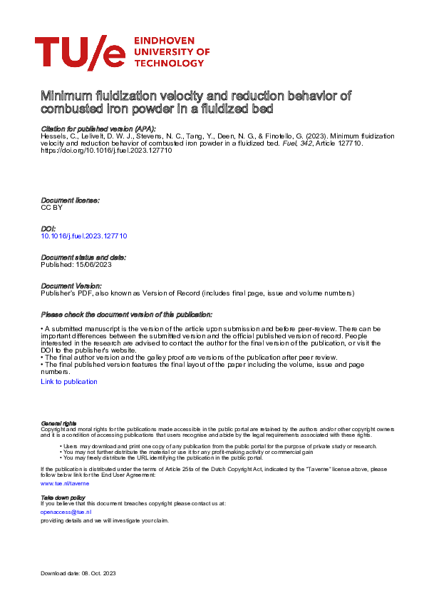 (PDF) Minimum Fluidization Velocity and Reduction Behavior of Combusted ...