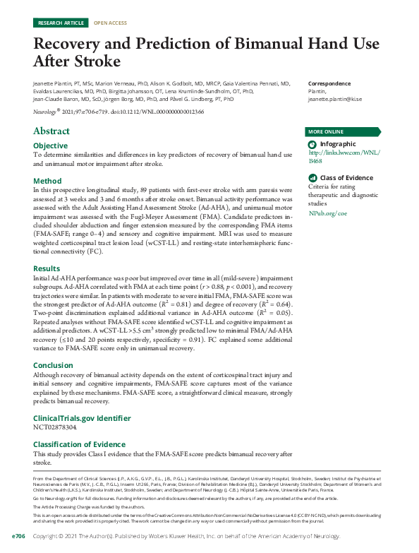 (PDF) Recovery and Prediction of Bimanual Hand Use After Stroke