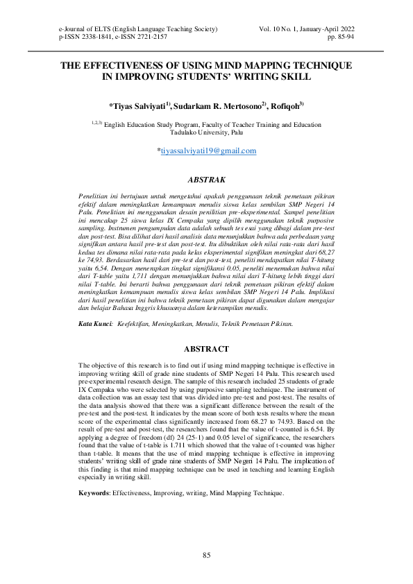 (PDF) Effectiveness of Using Mind Mapping Technique in Improving Students’ Writing Skill