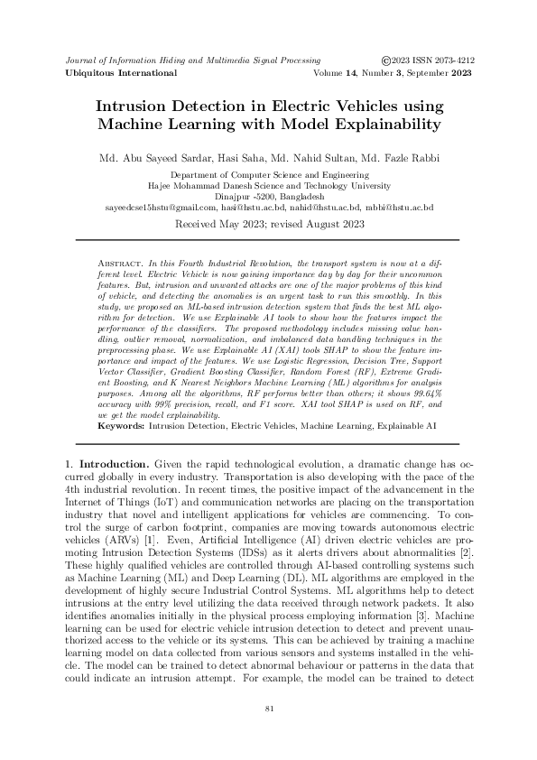 (PDF) Intrusion Detection in Electric Vehicles using Machine Learning with Model Explainability
