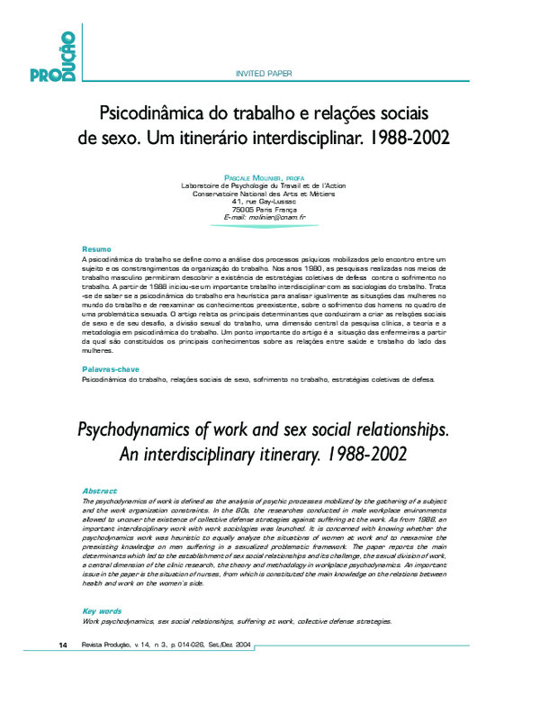 (PDF) Psicodinâmica do trabalho e relações sociais de sexo: um ...