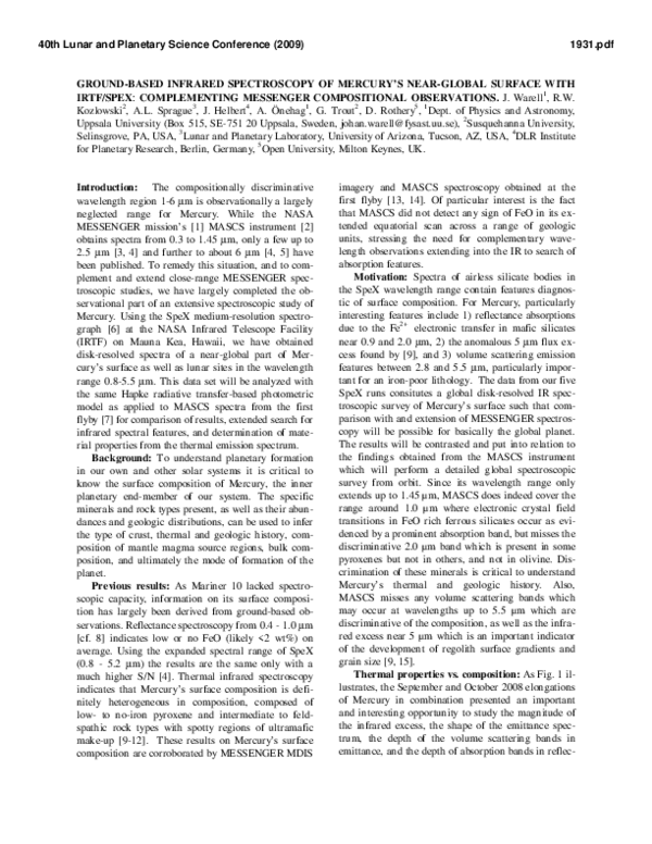 (PDF) Ground-based Infrared Spectroscopy of Mercury's Near-Global ...