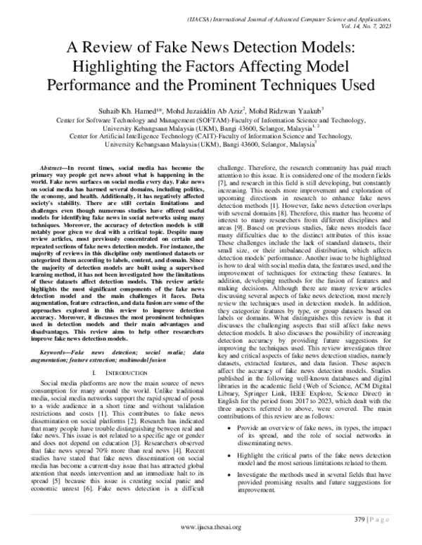 Pdf A Review Of Fake News Detection Models Highlighting The Factors Affecting Model
