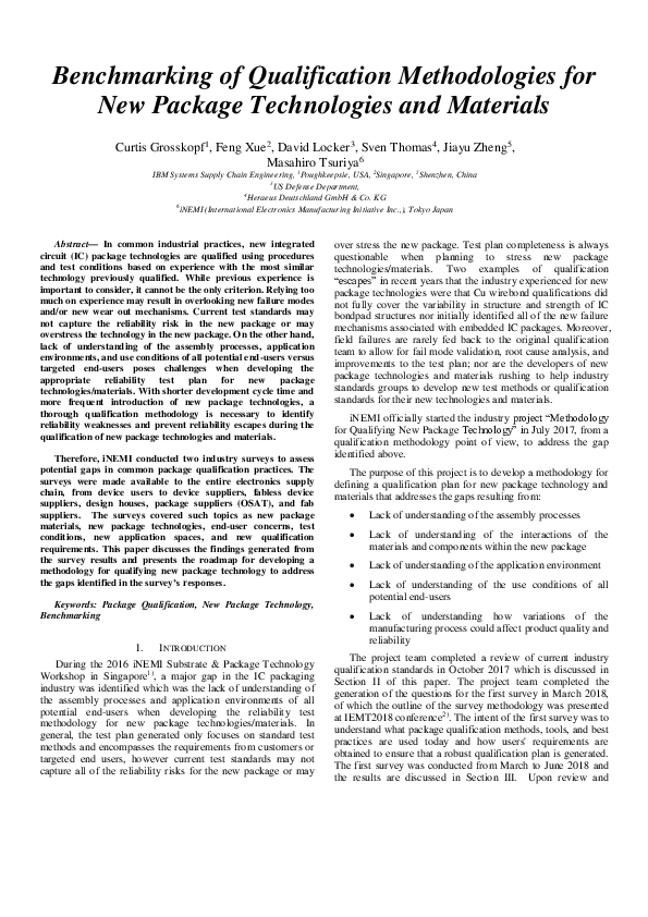 (PDF) Benchmarking of Qualification Methodologies for New Package Technologies and Materials