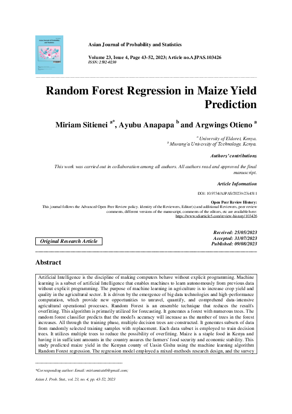 (PDF) Random Forest Regression in Maize Yield Prediction