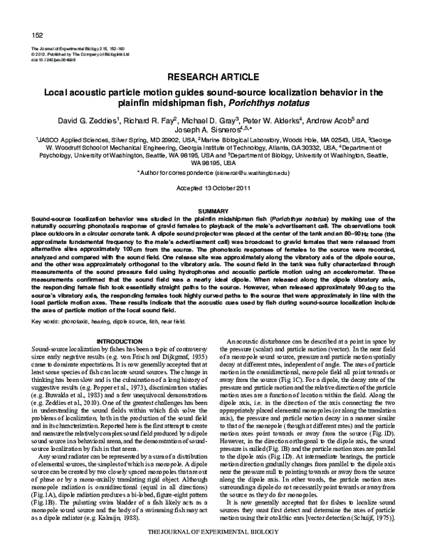 (PDF) Local acoustic particle motion guides sound-source localization behavior in the plainfin ...