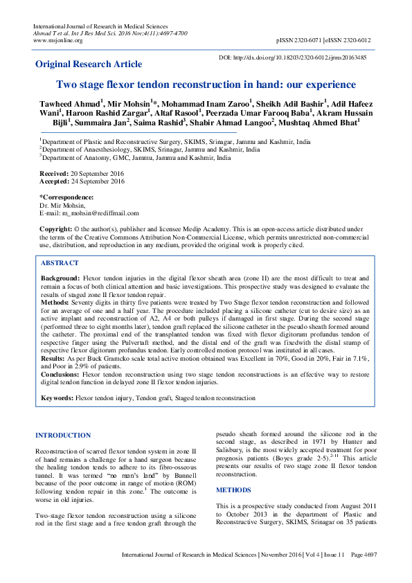 (PDF) Two stage flexor tendon reconstruction in hand: our experience