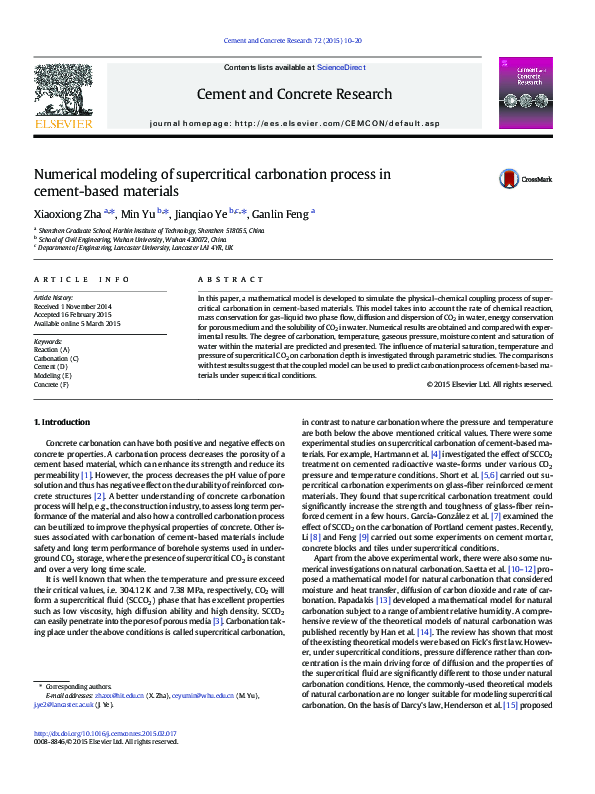 Pdf Numerical Modeling Of Supercritical Carbonation Process In Cement