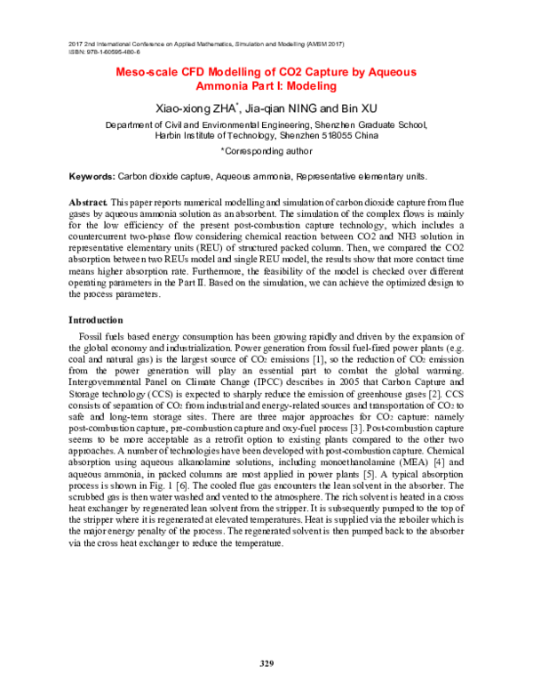 (PDF) Meso-scale CFD Modelling of CO2 Capture by Aqueous Ammonia Part I: Modeling