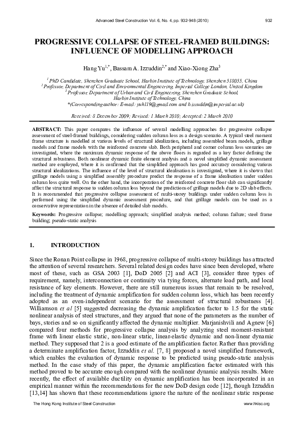 (PDF) Progressive Collapse of Steel-Framed Buildings: Influence of ...