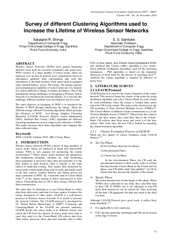 (PDF) Survey of different Clustering Algorithms used to Increase the Lifetime of Wireless Sensor ...