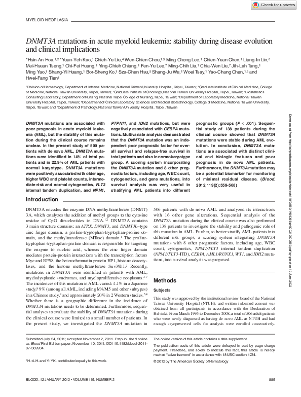 (PDF) DNMT3A mutations in acute myeloid leukemia: stability during disease evolution and ...