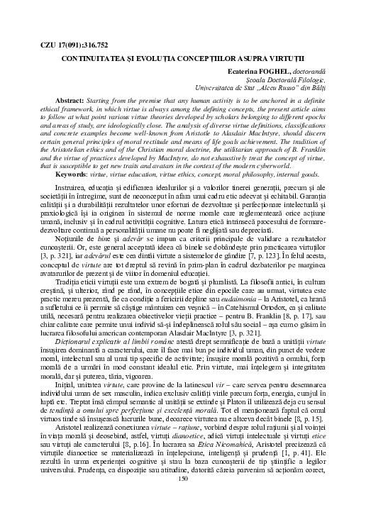 (PDF) Continuitatea și evoluția concepțiilor asupra virtuții