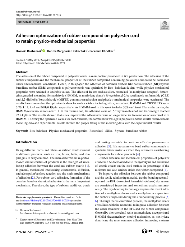 (PDF) Adhesion optimization of rubber compound on polyester cord to retain physico-mechanical ...