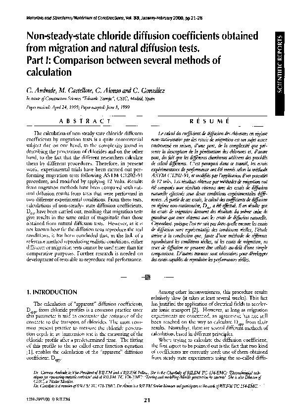 (PDF) Non-steady-state chloride diffusion coefficients obtained from migration and natural ...