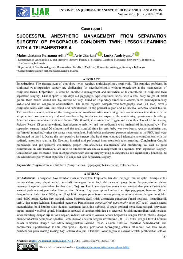 (PDF) Successful Anesthetic Management from Separation Surgery of ...