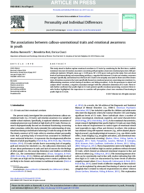(PDF) The associations between callous-unemotional traits and emotional ...