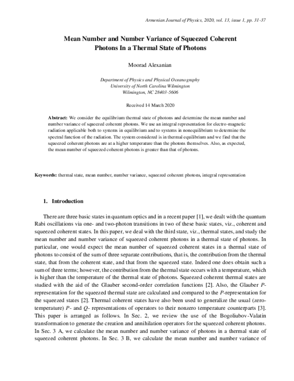 (PDF) Mean Number and Number Variance of Squeezed Coherent Photons In a Thermal State of Photons