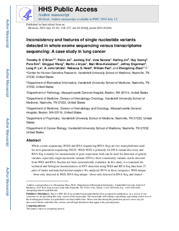 (PDF) Inconsistency and features of single nucleotide variants detected in whole exome ...