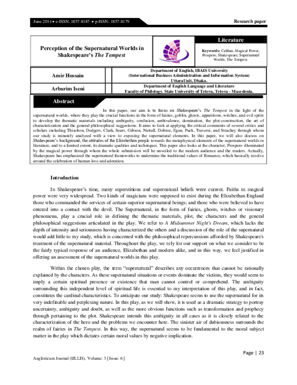 (PDF) Perception of the Supernatural Worlds in Shakespeare’s 'The Tempest